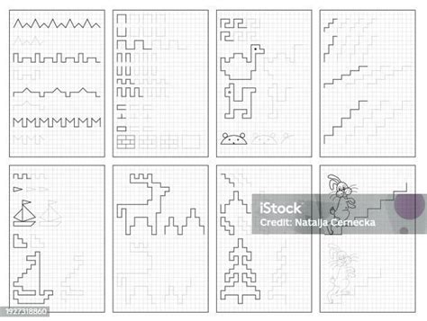 아이들을 위한 정사각형 종이에 흑백 교육 페이지 세트입니다 어린이 교과서를 위한 인쇄 가능한 워크시트 계산 쓰기 및 추적 기술