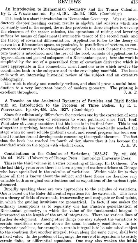 An Introduction To Riemannian Geometry And The Tensor Calculus By C E Weatherburn Pp Xi