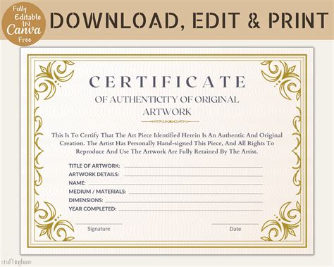 Editable Certificate Of Authenticity For Artwork Artwork Certificate