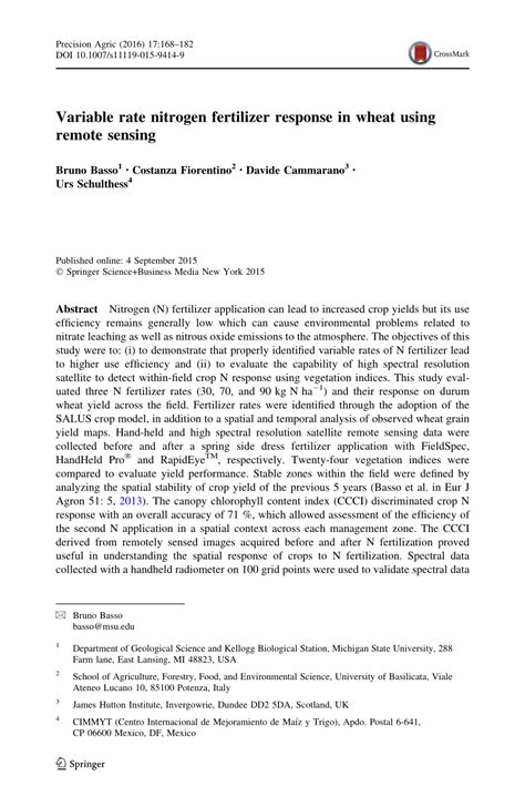 Pdf Variable Rate Nitrogen Fertilizer Response In Wheat Using Remote Sensing