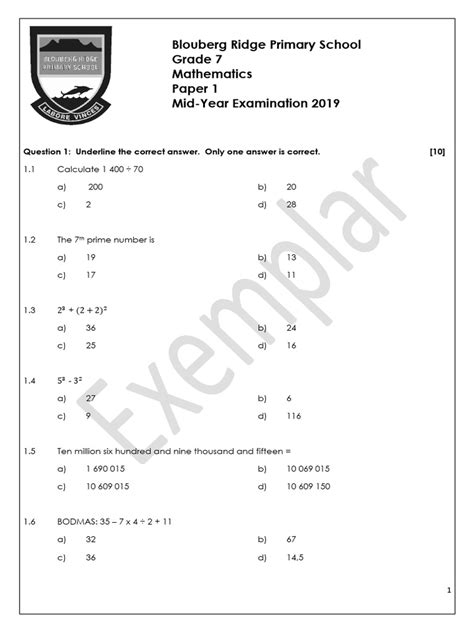 Grade 7 Math Paper 1 Mid Year Examination 2019 Pdf Elementary