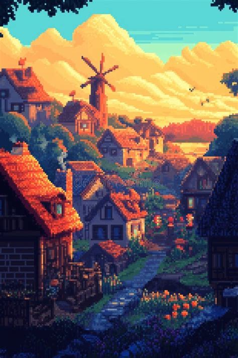 Cozy Pixelated Village At Sunrise Pixel Art Cottages And Windmills Line A Path Cheerful