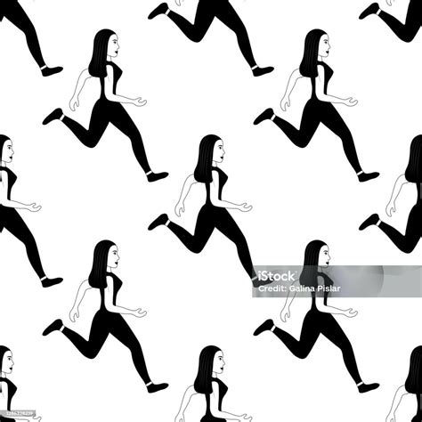 흰색 배경에 비할 데 없는 여자 스포츠우먼과 윤곽선의 매끄러운 패턴 평평한 스타일의 행복한 여성은 운동에 종사하고 있습니다