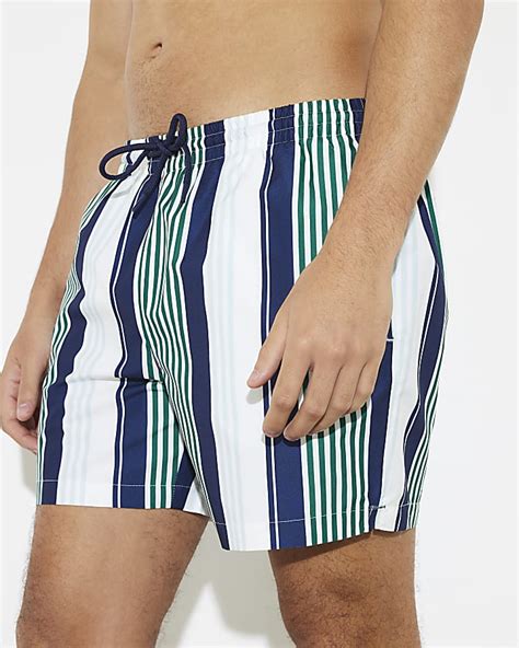 Navy Regular Length Stripe Swim Shorts River Island