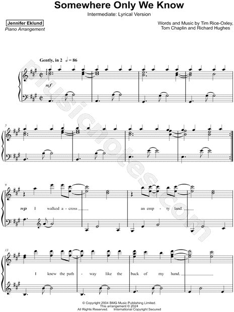 Jennifer Eklund Somewhere Only We Know Intermediate Lyrical Sheet Music Piano Solo In A