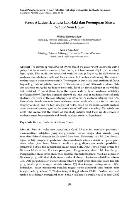 Pdf Stress Akademik Antara Laki Laki Dan Perempuan Siswa School From Home