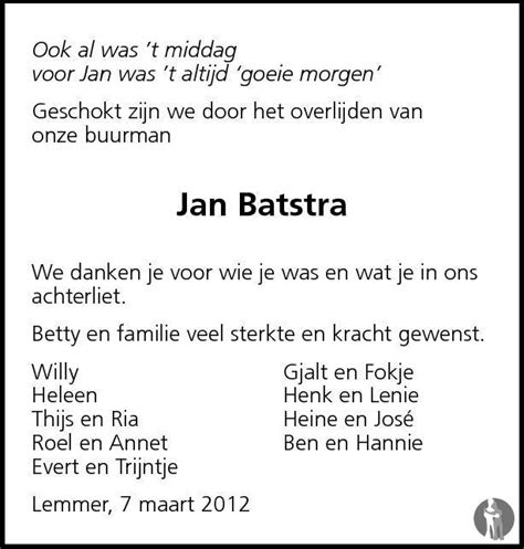 Jan Batstra 07 03 2012 Overlijdensbericht En Condoleances Mensenlinq Nl