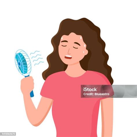 더운 여름날 땀에 젖은 얼굴을 날리는 휴대용 선풍기를 들고 있는 여자 선풍기 전기 설비에 대한 스톡 벡터 아트 및 기타 이미지 선풍기 전기 설비 선풍기 개인 장식품