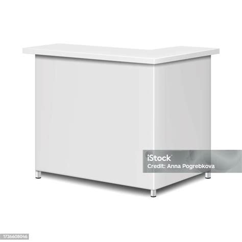 금속 다리가 있는 빈 흰색 휴대용 직각 코너 전시 카운터 현실적인 벡터 모형입니다 판촉 테이블 디스플레이 스탠드 모형 디자인용 템플릿 계산대에 대한 스톡 벡터 아트 및 기타