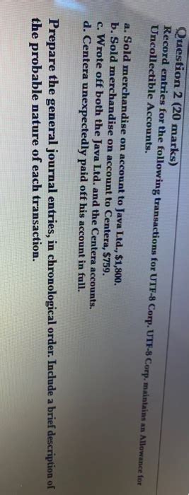 Solved Question 2 20 Marks Record Entries For The