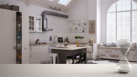 화이트 테이블 또는 스 칸디 나 비아 스타일 건축 인테리어 디자인 우주 배경 복사에서 현대 부엌 이상의 통과 시간을 측정 하는 크리스탈 모래 시계와 선반 개념에 대한 스톡