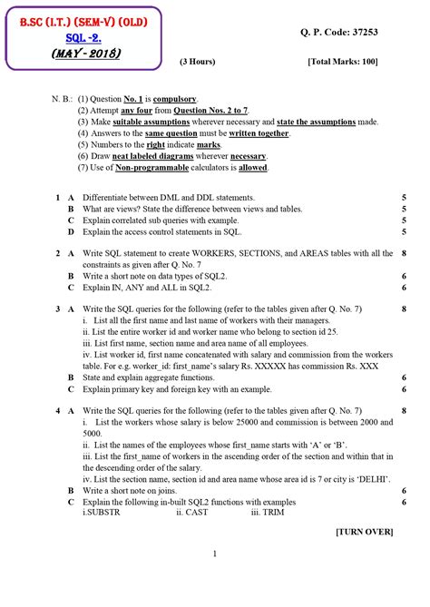 University Of Mumbai T Y B Sc IT Sem V Old SQL Old Question Papers May
