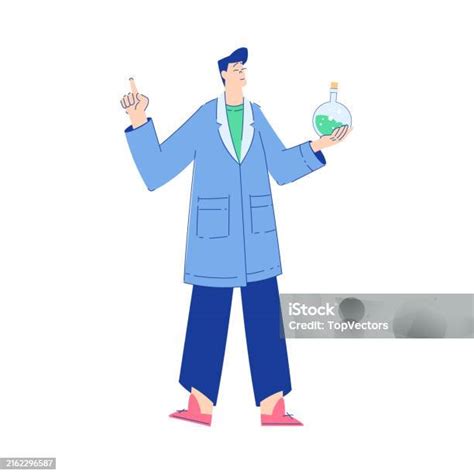 남자 과학자 캐릭터 서 있는 와 유리 플라스크 벡터 일러스트 레이 션 와 화학 와 개념에 대한 스톡 벡터 아트 및 기타 이미지