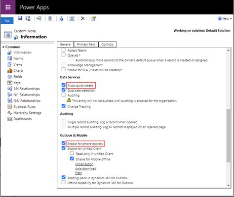 configure tables for quick creation of records and activities in the