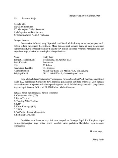 Surat Lamaran Brilian Mutualplus Pdf