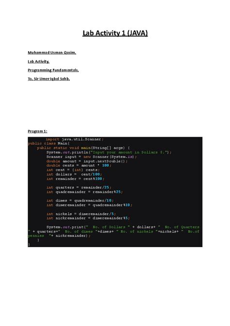Bcs 073 Lab Activity Java Lab Activity 1 Java Muhammad Usman Qasim Lab Activity