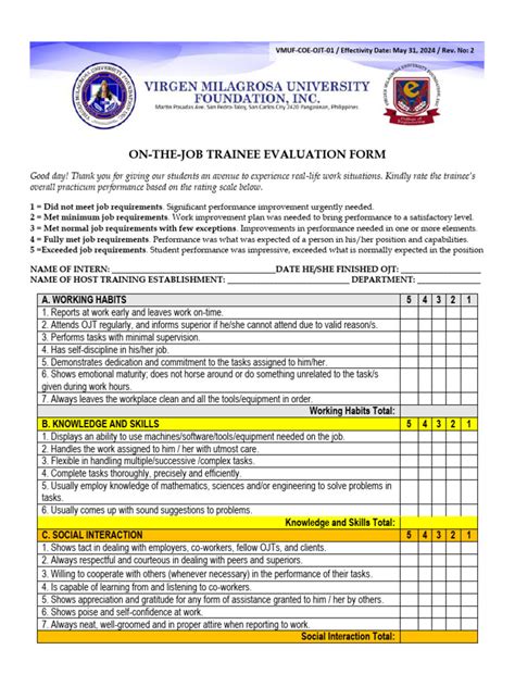 Ojt Evaluation Form 2024 Pdf Learning Behavioural Sciences