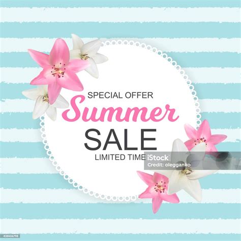 백합 꽃으로 여름 세일 배너입니다 귀여운 자연 배경 벡터 일러스트 레이 션 가격에 대한 스톡 벡터 아트 및 기타 이미지 가격 개념 개성 개념 Istock