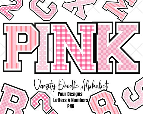 Digital Pink Varsity Letters Doodle Alphabet Pink Clipart Png Bundle Letters And Numbers Etsy