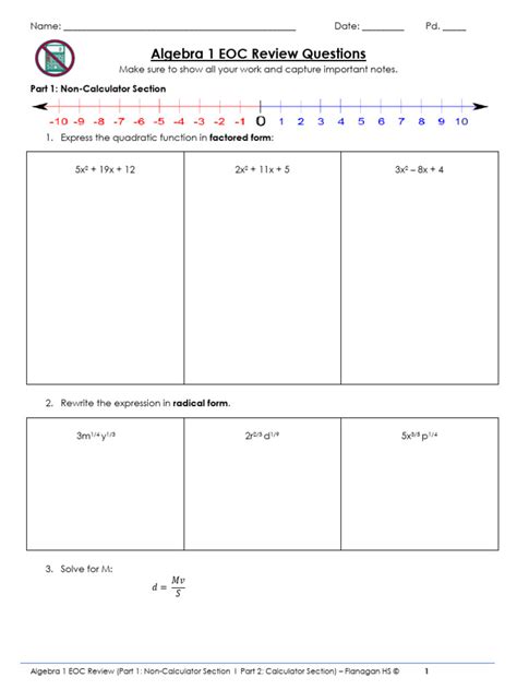 Algebra 1 Eoc Review Questions Part 1 Pdf Algebra Polynomial