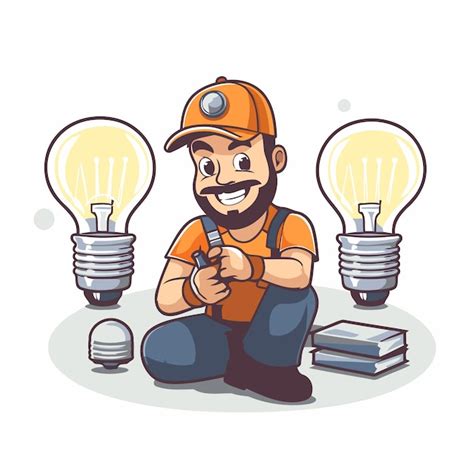 Trabajador De Dibujos Animados Con Bombillas Ilustración Vectorial En