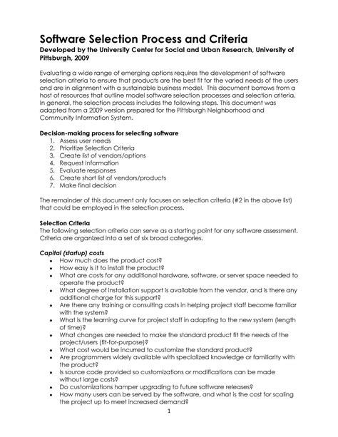 Software Selection Process Criteria 1 Software Selection Process And
