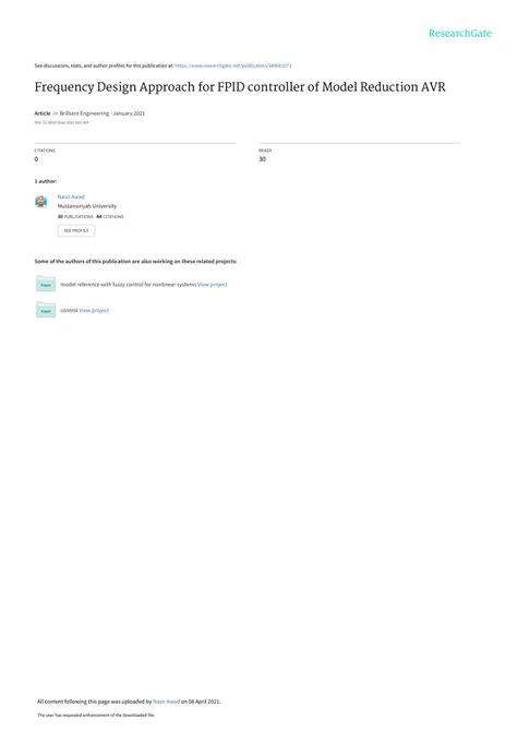 Pdf Frequency Design Approach For Fpid Controller Of Model Reduction Avr