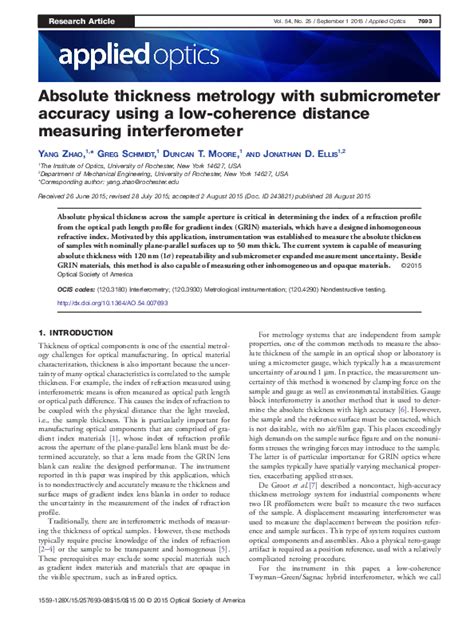 Pdf Absolute Thickness Metrology With Submicrometer Accuracy Using A Low Coherence Distance