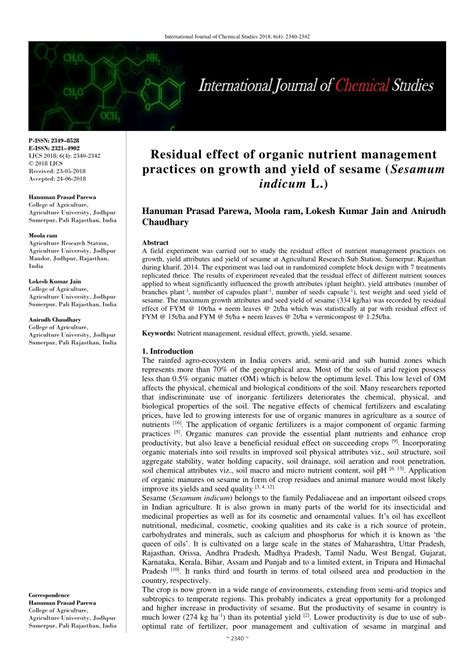 (PDF) Residual effect of organic nutrient management practices on growth and yield of sesame ...