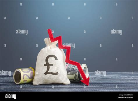 Pound Sterling Money Bag And Red Arrow Down Capital Flight High Risks Costs Expenses Crisis