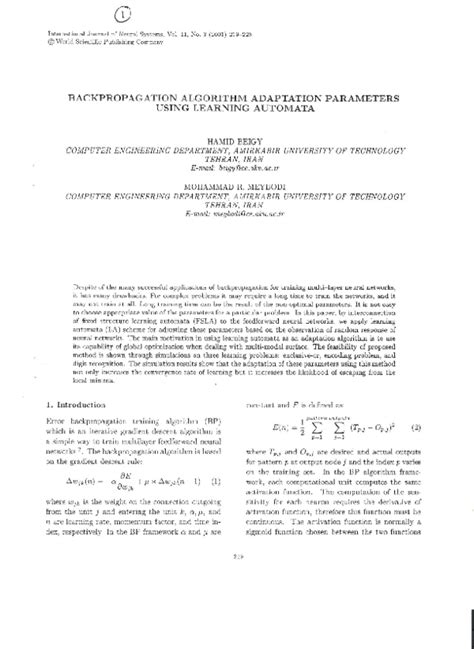 Pdf Backpropagation Algorithm Adaptation Parameters Using Learning