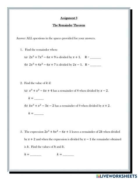 Factor Theorem Rational Root Theorem And Remainder Theorem Worksheet