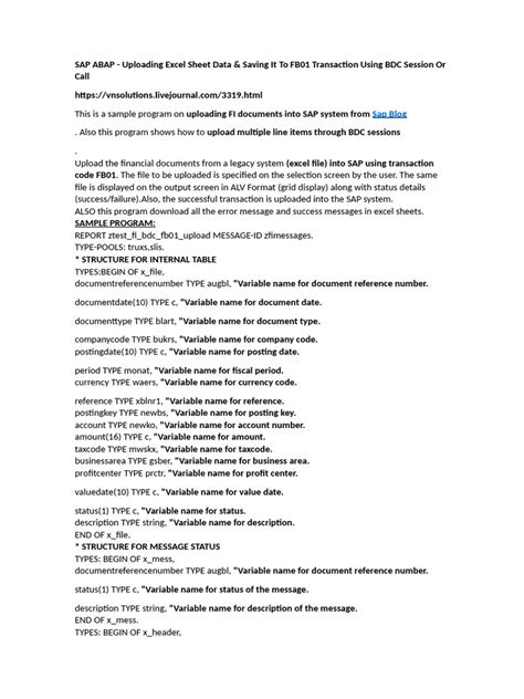 Sap Abap Uploading Excel Sheet Data And Saving It To Fb01 Transaction Using Bdc Session Or Call