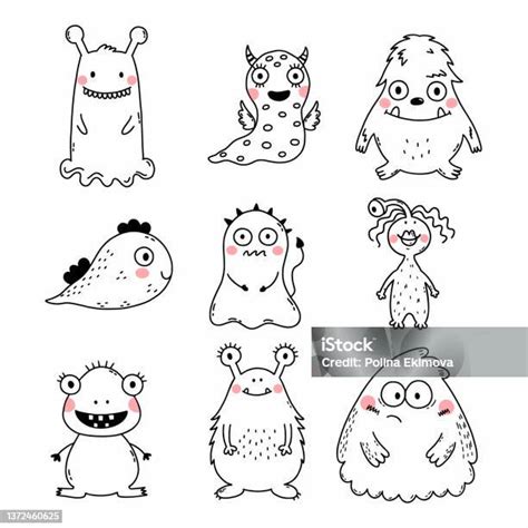 귀여운 괴물 낙서 일러스트레이션 세트입니다 아이들을위한 색칠 공부책 엽서 장식 요소 몬스터에 대한 스톡 벡터 아트 및 기타 이미지 몬스터 색칠하기 외계인 Istock