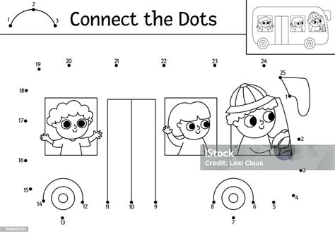 귀여운 버스 운전사 및 승객과 함께 벡터 도트 투 도트 및 색상 활동 교통은 재미있는 자동차로 아이들을 위한 점 게임을 연결합니다 아이들을 위한 교통 색칠 공부 페이지 인쇄
