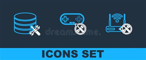 Set Line Router Wi Fi With Service Database Server And Gamepad Icon