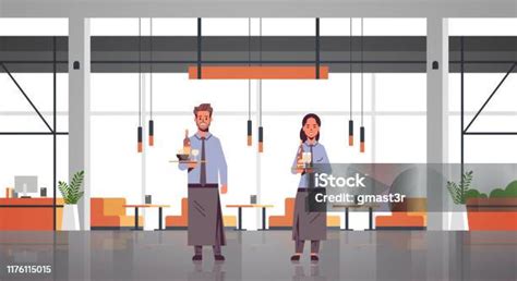 웨이터 부부는 알코올 음료 현대 카페 인테리어 전체 길이 수평 에 앞치마에 트레이 여자 남자 레스토랑 노동자에 샴페인과 와인 병과 안경을 들고 레스토랑에 대한 스톡 벡터