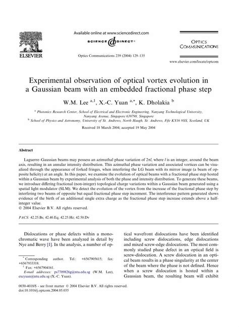 Pdf Experimental Observation Of Optical Vortex Evolution In A