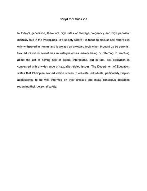 Script For Ethics Vid In A Society Where It Is Taboo To Discuss Sex Where It Is Only