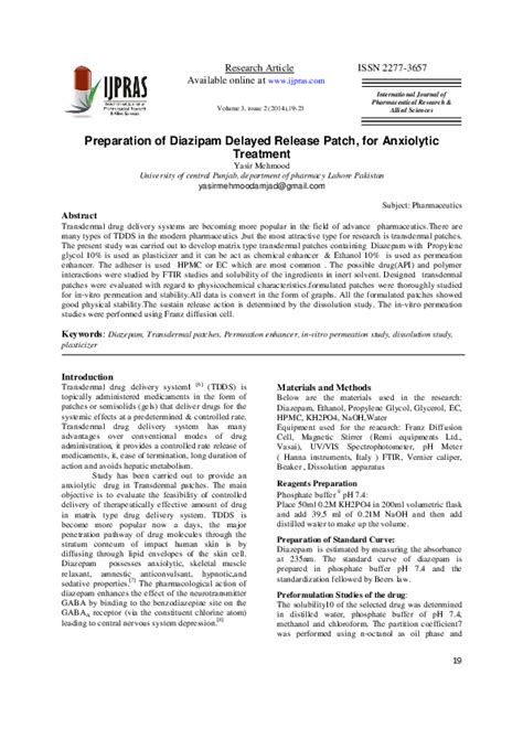 Pdf Preparation Of Diazipam Delayed Release Patch For Anxiolytic