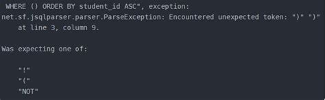 net sf jsqlparser parser parseexception encountered unexpected token “ “ “ “ at line 3 column