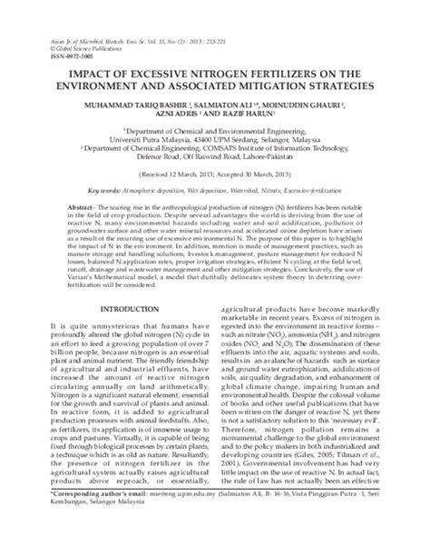 Pdf Impact Of Excessive Nitrogen Fertilizers On The Environment And Associated Mitigation