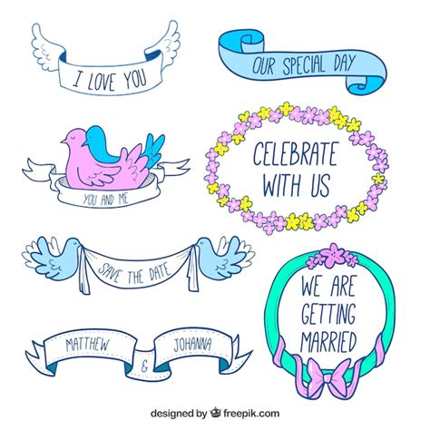 일곱 손으로 그린 웨딩 라벨 무료 벡터