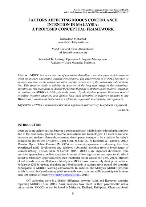 Pdf Factors Affecting Moocs Continuance Intention In Malaysia A Proposed Conceptual Framework