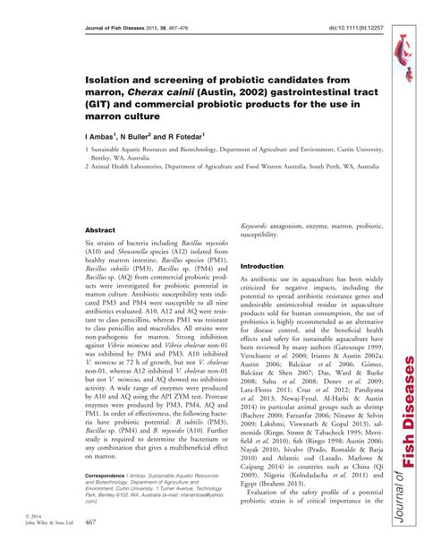 Pdf Isolation And Screening Of Probiotic Candidates From Marron Cherax Cainii Austin 2002