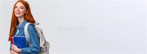 Students Education And Studying Concept Lovely Charismatic Redhead Foxy Girl With Backpack