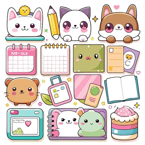Cute Cartoon Characters And Stationery Items With Kawaii Style