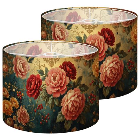 Lampshades 2 Pack Vintage Floral Peony Rich Red Golden Accents Spring
