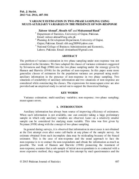 Pdf Variance Estimation In Two Phase Sampling Using