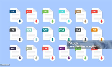 다른 파일 형식의 집합입니다 파일을 다운로드합니다 파일 및 아래쪽 화살표 기호 문서 개념로드 웹 사이트 또는 앱용 단추를 다운로드합니다 문서 유형은 평면 스타일 Pdf 문서